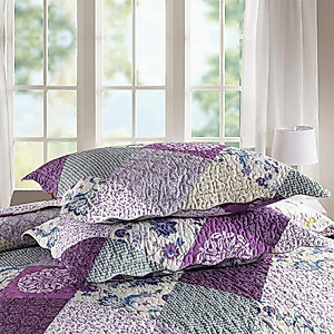 ENJOHOS King Size Quilt Set - 3 Pieces Purple Patchwork King Quilt with 2 Pillowcases, Lightweight Reversible Country Bedspread with Floral Design