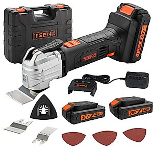 TEENO Oscillating Tool, Cordless Oscillating Multi-Tool with 20V 2Ah Lithium-Ion, 5000-18000 OPM, 6 Variable Speed, 3.2° Oscillation Angle, for Sawing, Cutting, Sanding (Two Battery)