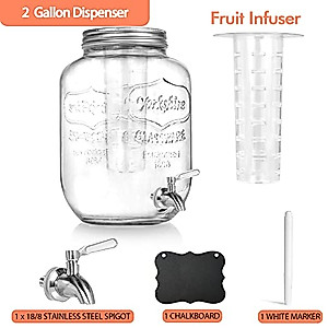 2-Gallon Glass Drink Dispenser for Parties, Beverage Dispenser with Stainless Steel Spigot, Fruit Infuser, Marker & Chalkboard - 100% Leakproof Water Dispenser for Lemonade & Laundry Detergent