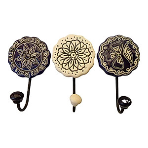 Decorative Mandala Pattern Ceramic Flower Shaped Coat Wall Hooks (Set of 3)