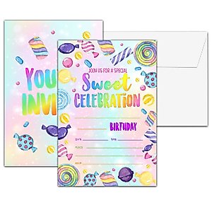 Chuxvon Sweet Celebration Birthday Party Invitations, Sweet Candy Birthday Invitation, Double-Sided Rainbow Tie Dye Fill In Invites, Kids Birthday Party Decorations, 20 Cards With 20 Envelopes(C11)