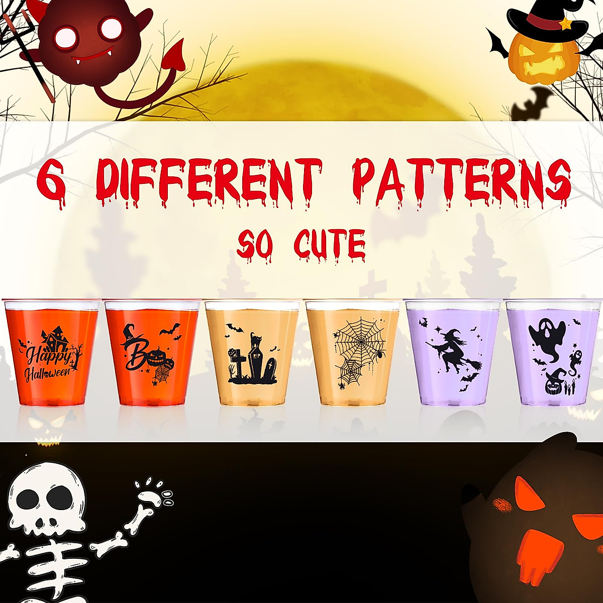 Roshtia 120 Pieces Halloween Plastic Shot Glasses Disposable Cups 2oz Pumpkin Ghost Witch Bat Printed Plastic Cups for Halloween Party Supplies Beverage Ice Cream Snacks Candy Favors, 6 Styles