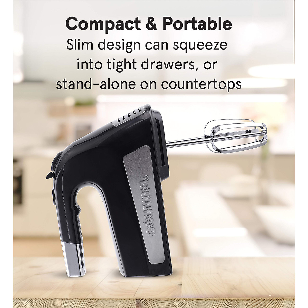 Gourmia GHM2530 Illuminating Electric Hand Mixer with 6 Speeds + Turbo Mode - Powerful 300-Watt Motor - Integrated LED Spotlight - Includes Beater Whisks & Dough Hooks