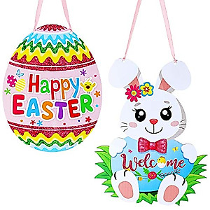 Jetec 2 Pieces Easter Door Decorations Glitter Happy Easter Egg Hunt Wooden Hanger Easter Egg Bunny Hanging Door Wall Welcome Sign for Home Indoor Outdoor Easter Decor Supplies