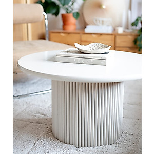 OTTOSON Modern Round Solid Wood Coffee Table White Small Cocktail Table Wooden Farmhouse Living Room Center Table Low Table with Wooden Circle Top and Metal Pedestal - 23.5" W