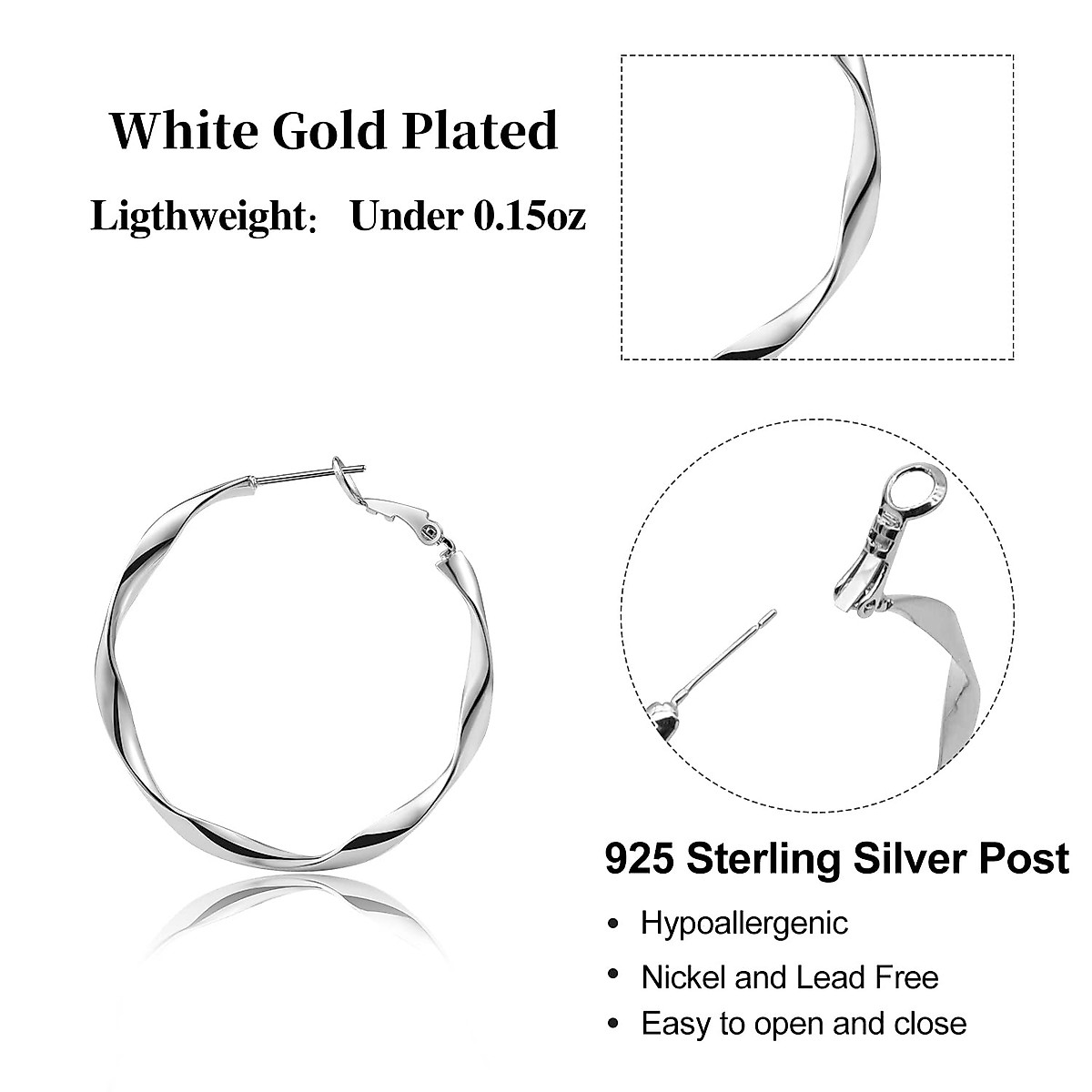 925 Sterling Silver Hoop Earrings for Women Big Twisted Thin Huggie Hoops 40mm, Dainty Cute White Gold Dangle Hoop Earrings Nickel Free Womens Earrings for Sensitive Ears Hypoallergenic