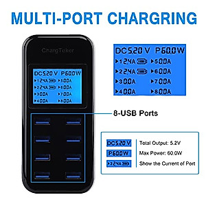 USB Charging Station, 60W 8 Port USB Charging Hub 12A USB Charger Station with LCD Display for Multiple Devices, Smart Desktop USB Charger for iPhone 14/14 Pro/13 Pro/13 Pro Max, Galaxy, iPad