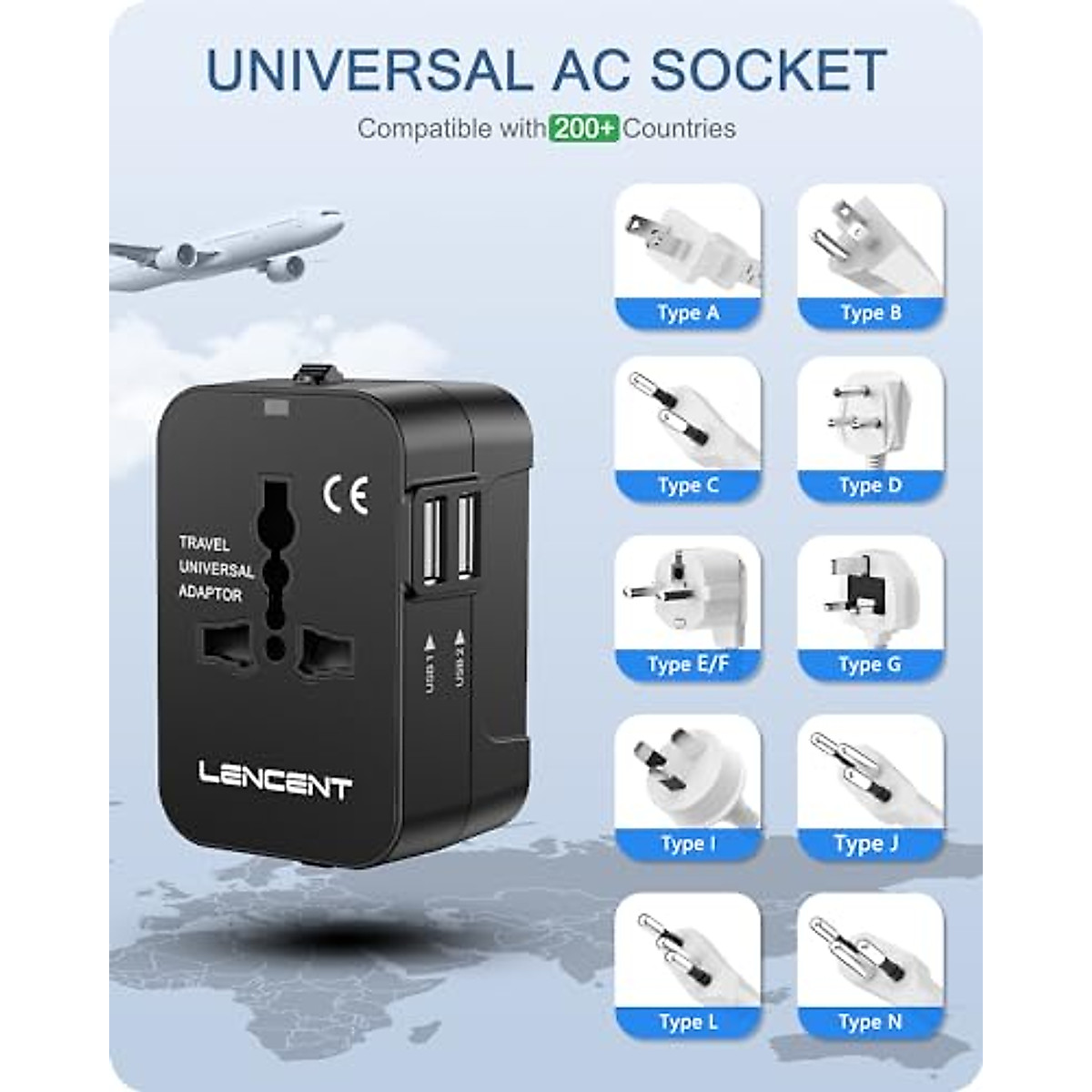 LENCENT International Travel Adapter, Worldwide All in One Universal Power Wall Charger AC Power Plug Adapter with 2 USB Charging Ports for USA EU UK AUS Cell Phone Laptop Tablets