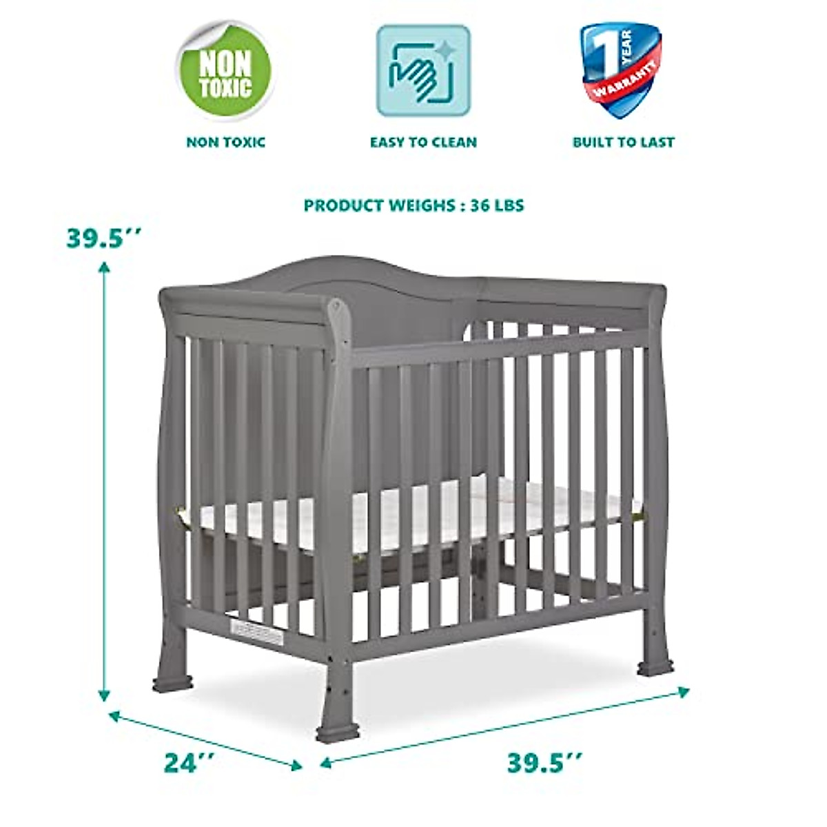 Dream On Me Addison Full Panel 4-in-1 Convertible Mini Crib in Storm Grey, JPMA Certified Baby Crib, Non-Toxic Finish, New Zealand Pinewood, Low to Floor Design