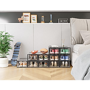 SIMPDIY Shoe Storage, 12 Pack Shoe Organizer for Closet, Shoe Boxes Clear Plastic Stackable Shoe Containers with Lids for Size 10, Black