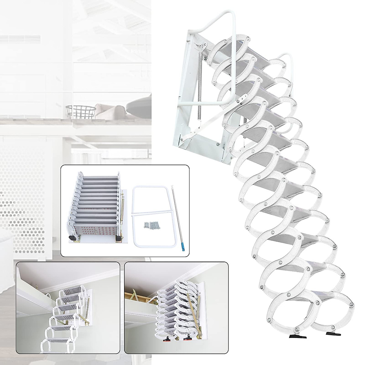 Telescopic Ladder Attic Ladder Pull Down Attic Ladder Alloy Attic Stairs 12 Steps Loft Ladder 9.2FT Wall-Mounted Collapsible Ladder with Armrests (White)