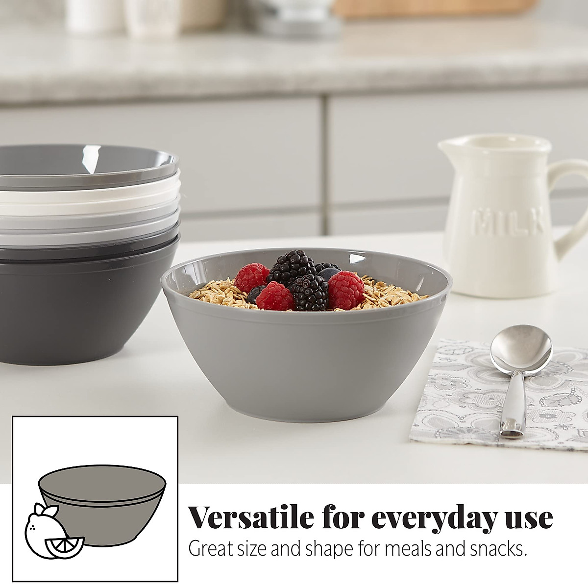 US Acrylic Fresco 28 oz. Plastic Stackable Snack Bowls for Cereal and Ice Cream in Grey Stone | Set of 8 | 6-inch Reusable, BPA-Free, Made in the USA, Dishwasher Safe Dinnerware