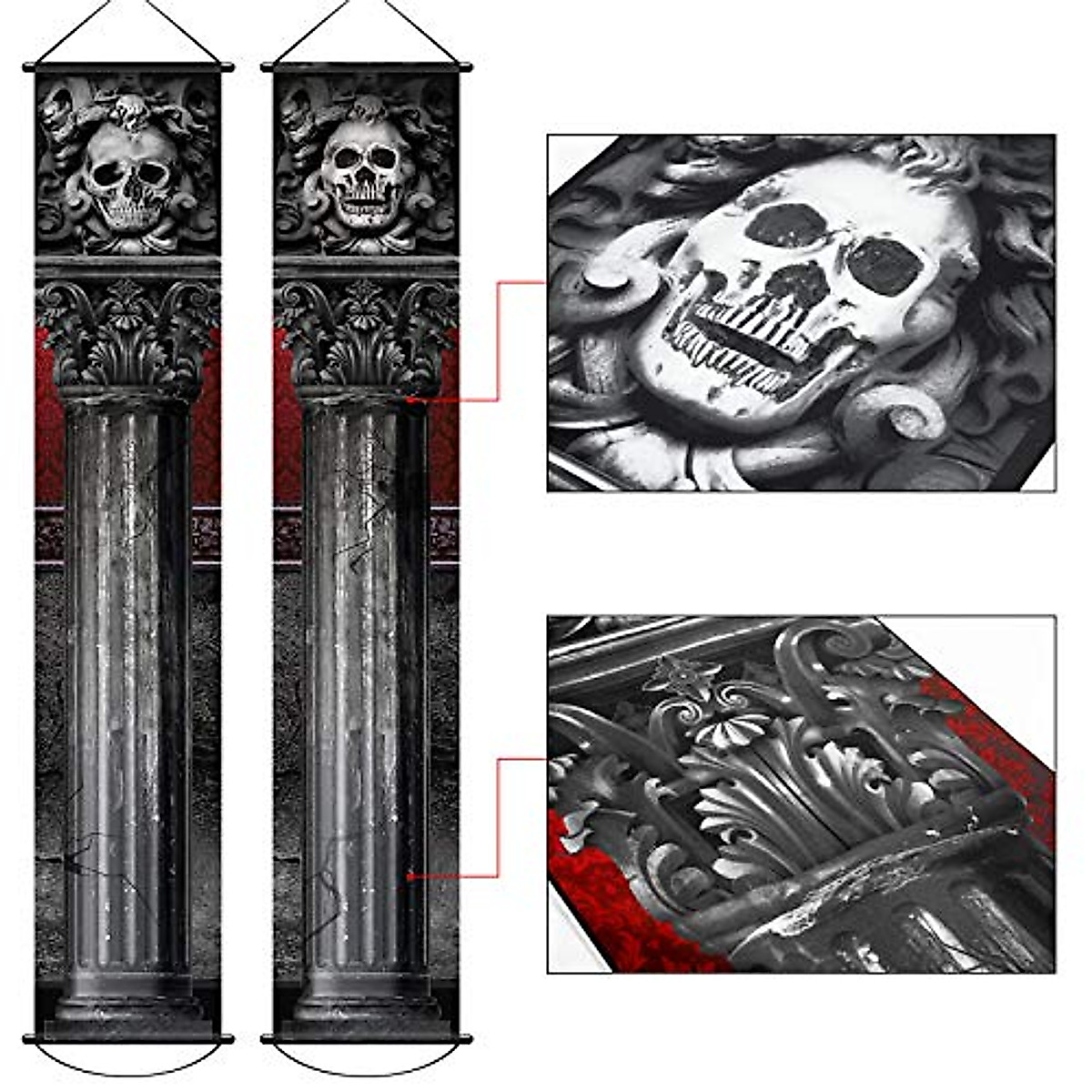 2 Pieces Halloween Gothic Mansion Banners Halloween Skull Hanging Banners with Welcome Foolish Mortals Porch Sign Spooky Halloween Pillar Sign Banner Decorations for Outdoor Halloween Party Supplies