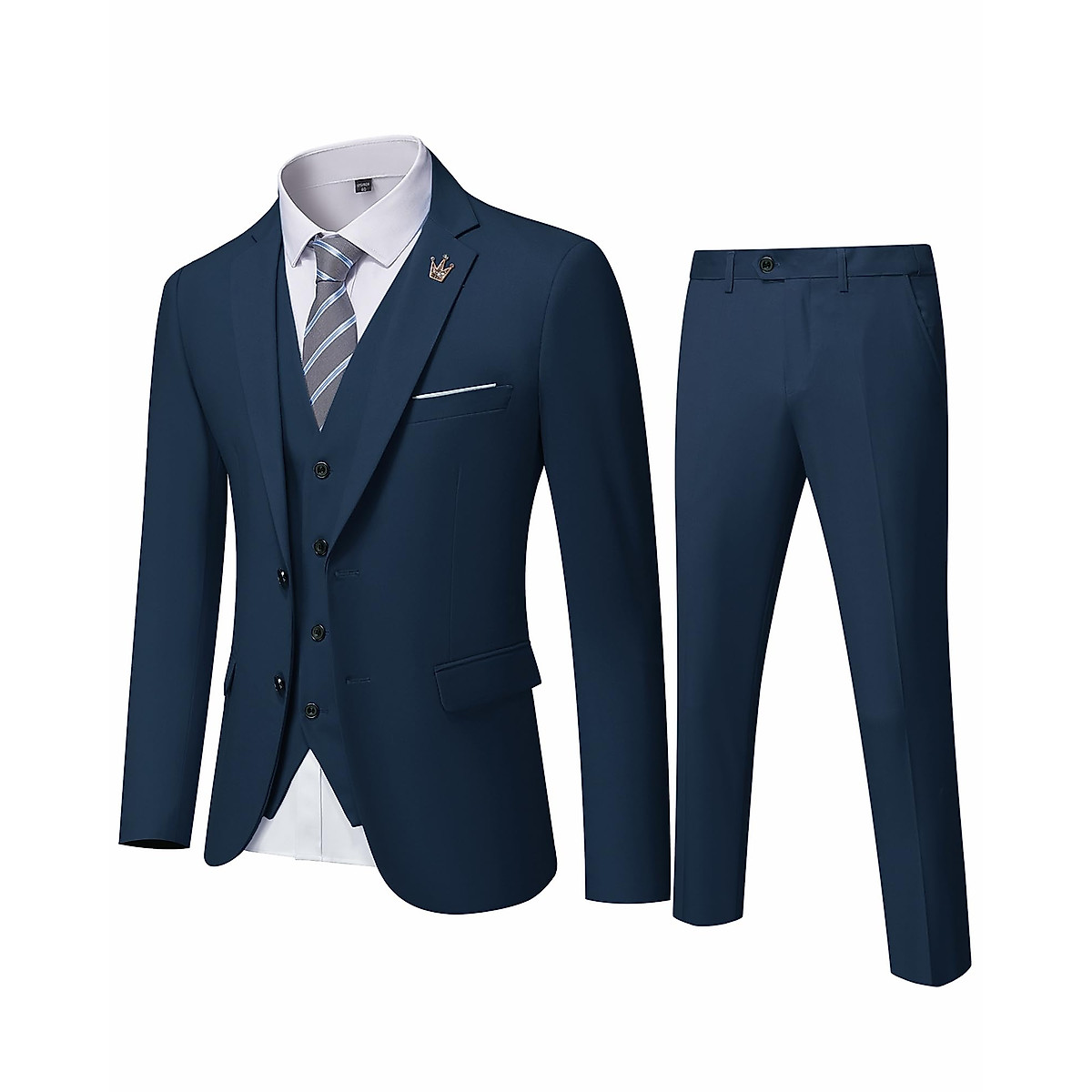 MY'S Men's 3 Piece Slim Fit Suit Set, 2 Button Blazer Jacket Vest Pants with Tie, Solid Wedding Dress Tux and Trousers Deep Blue