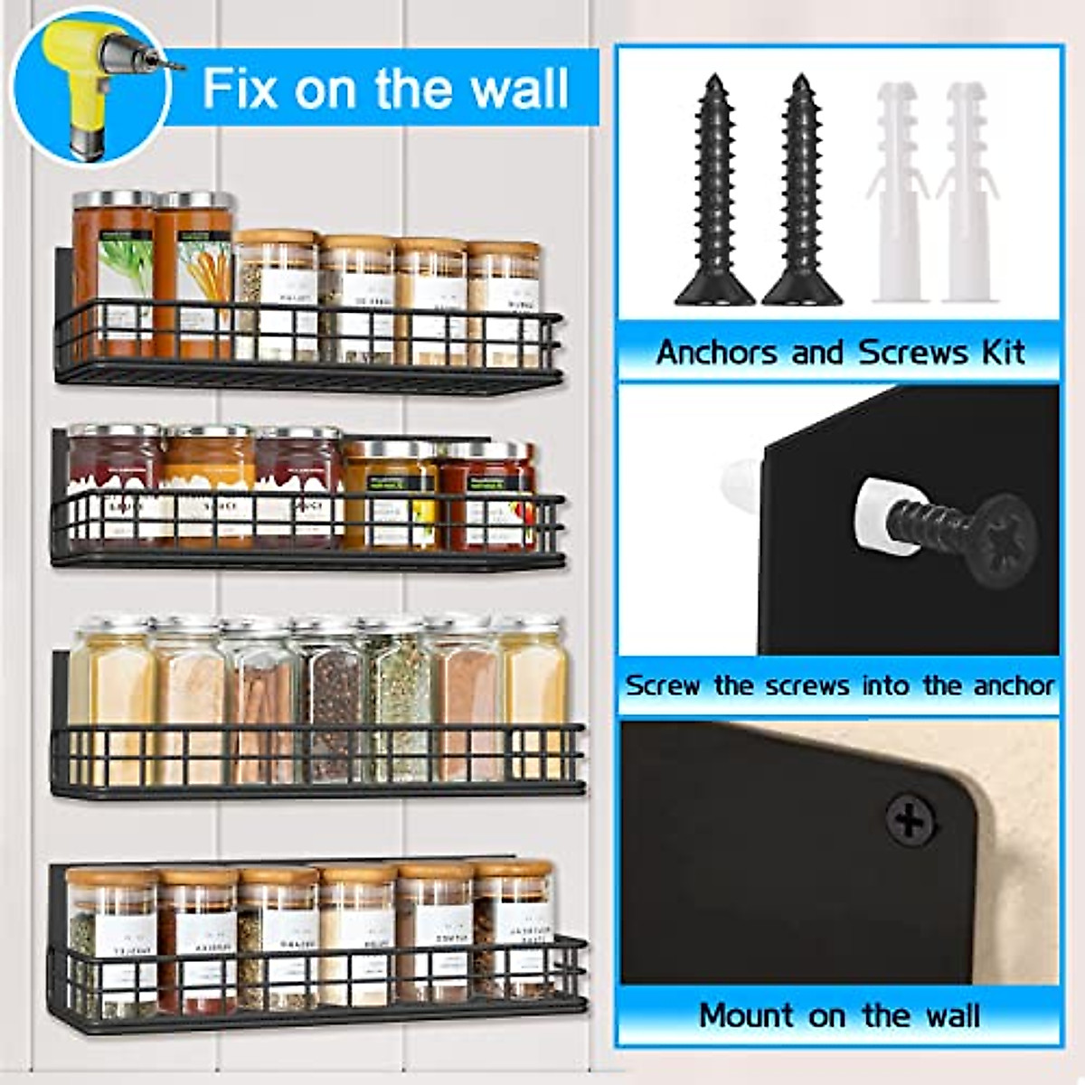 Spaclear Magnetic Spice Rack for Refrigerator, 4 Pack Spice Rack Organizer, Super Strong Magnetic Moveable Metal Kitchen Organization, Spice Rack Wall Mount Seasoning Organizer Rack, Fridge Organizer