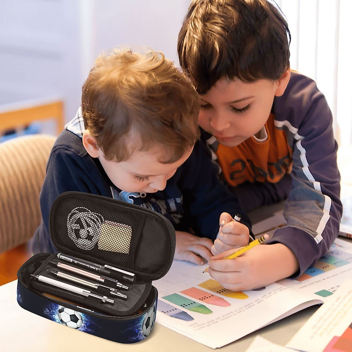 SNAPMADE Soccer Ball Pencil Box Sports Pencil Case for Boys Men, Large Capacity Durable Blue Black Pencil Pouch Storage Pen Bag Stationary Case with Double Zippers