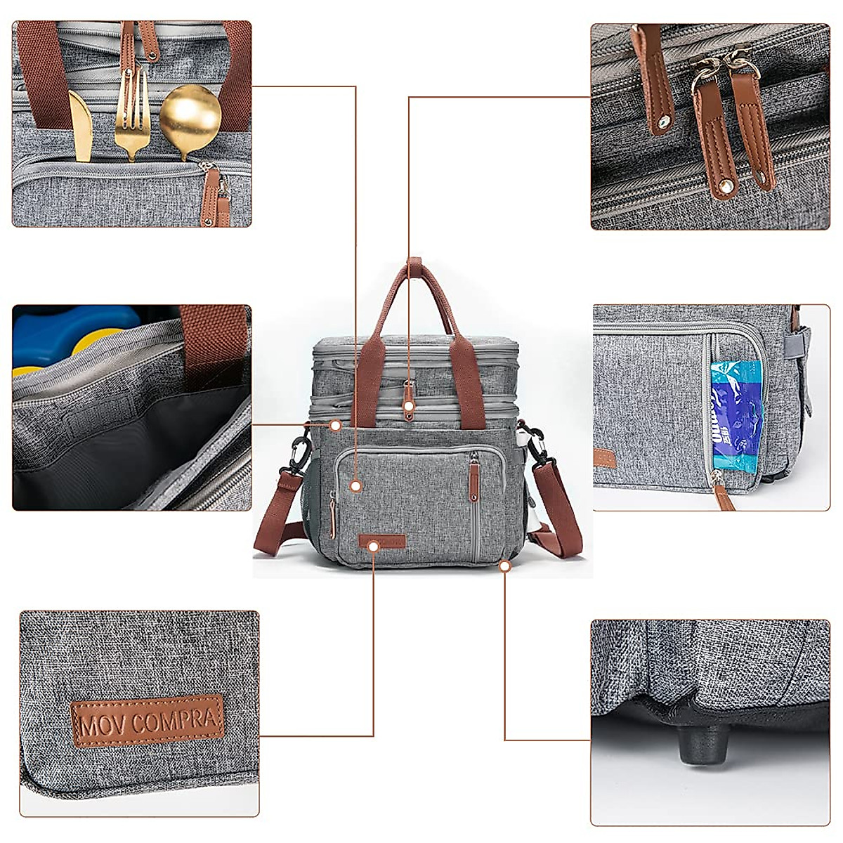 MOV COMPRA Adult Lunch Box for Work, Expandable Large Lunch Bags for Women Men, Leakproof Double Deck Lunch Box Cooler Tote Bag with Removable Shoulder Strap (Grey)