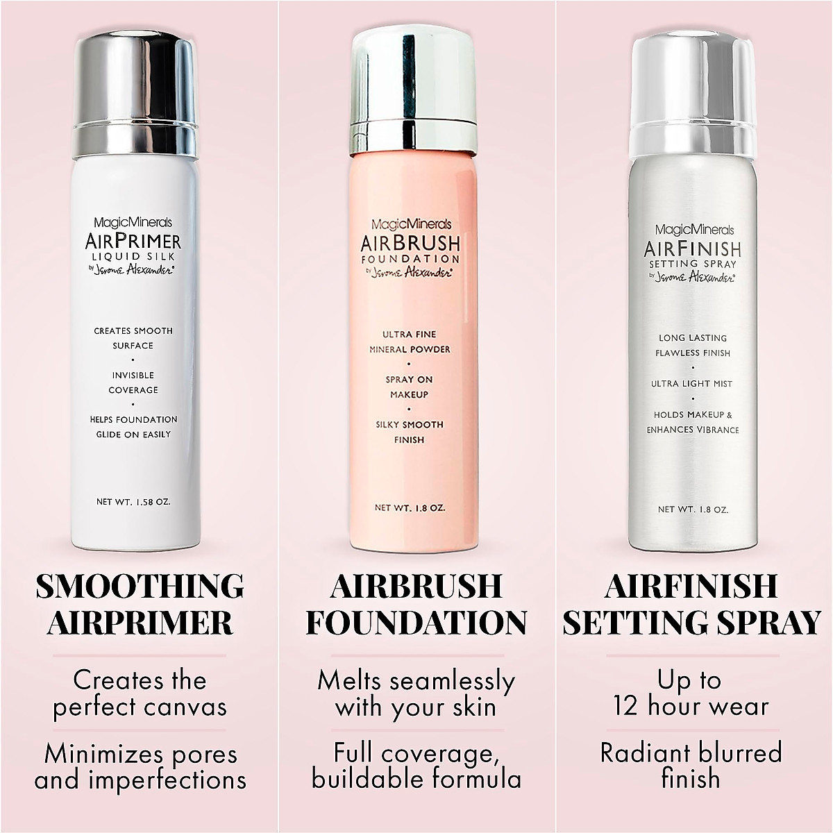 Magic Minerals AirBrush Foundation System by Jerome Alexander - Complete 5pc Spray Makeup Set with Foundation, Primer, and Setting/Finishing Spray - for Smooth, Radiant Skin (Fair)