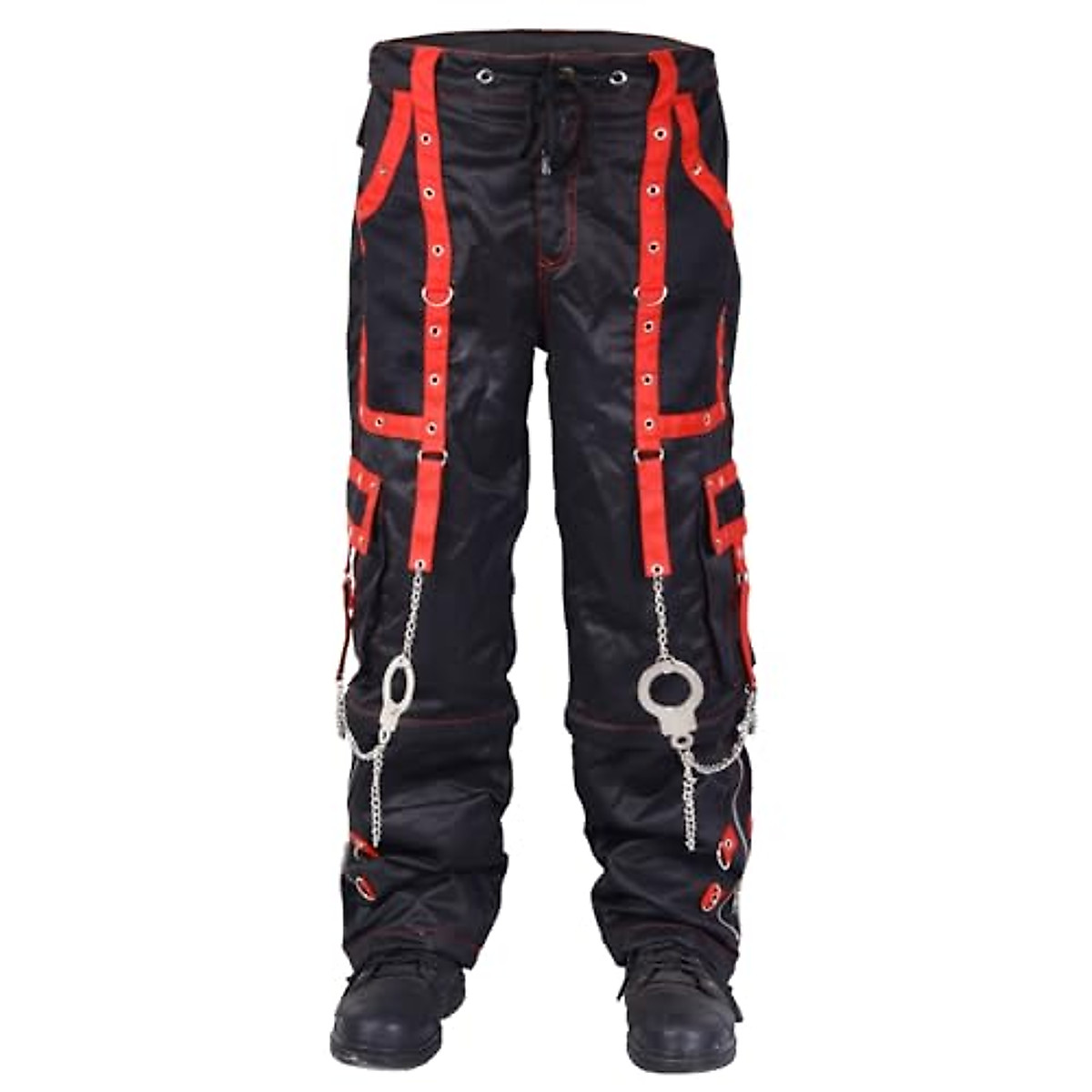 Gothic Men's Bondage Gothic Cyber Pant Chain Techno Rock Punk Shorts Trouser Pants/USA (36) Black/Red
