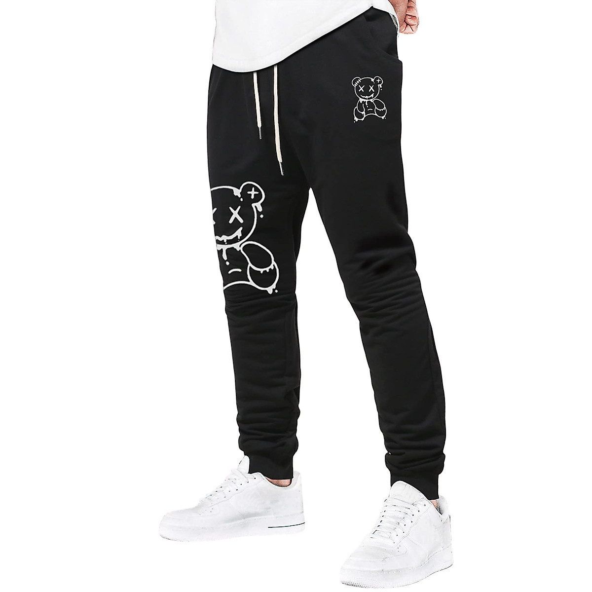 WDIRARA Men's Cartoon Bear Print Drawstring Waist Sweatpants with Pocket Black M