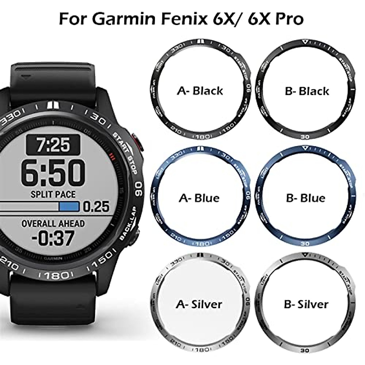 KAVJU For Garmin Fenix 6X/6X Pro/6X Sapphire Watch Bezel Ring Stainless Steel Sculptured Time Units Adhesive Anti-scratch Cover Rings (Color : B Black White)
