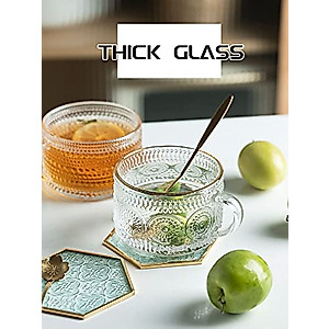 Bandesun Vintage Glass Coffee Mugs Tea Cups, 14 Oz Set of 2 - Stackable Embossed, Glassware with Handle, for Cappuccino, Latte, Cereal, Yogurt, Beverage Hot/Cold, Milk