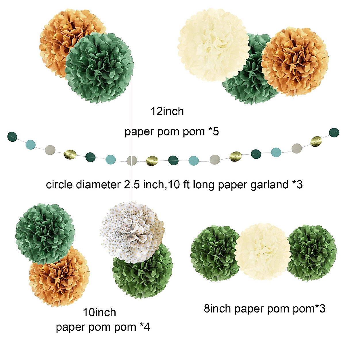 MEIYKO 15PCS Sage Green Tissue Paper Pom Poms with Paper Garland String Hanging Backdrop for Jungle Safari Woodland Baby Shower, Bridal Shower, Wedding Shower, Engagement, Birthday Party Decorations