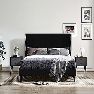 Upholstered Queen Size Platform Bed Frame with Headboard, Tufted Platform Bed Frame with Wooden Slats Support, No Box Spring Needed and Easy Assembly for Bedroom Living Room Small Space (Black)