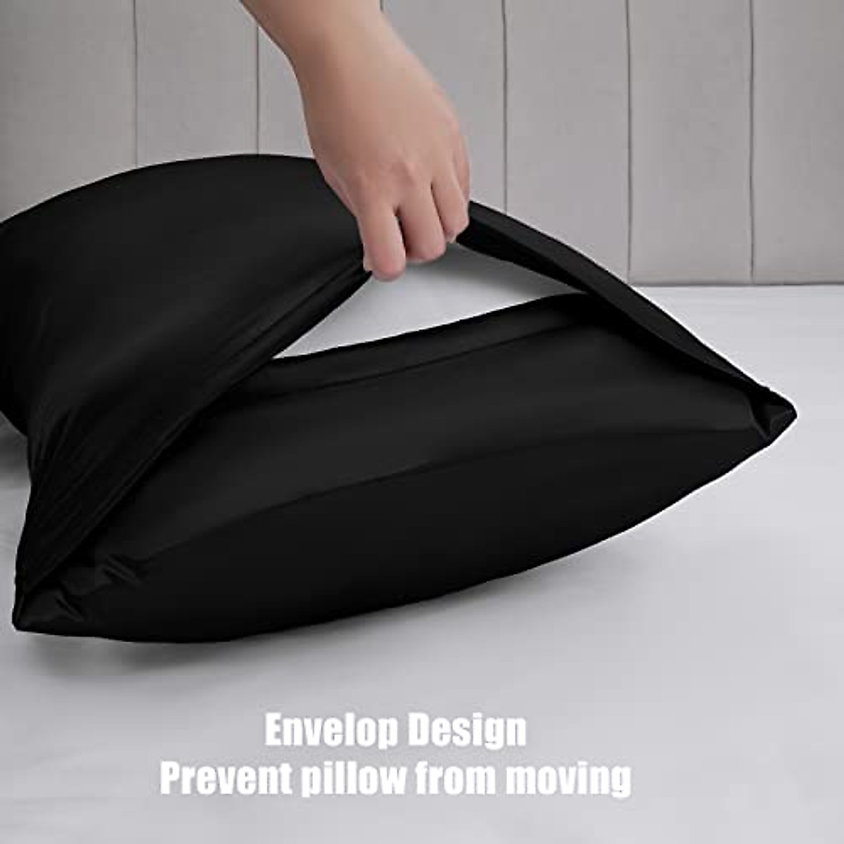 Yastouay Set of 2 Satin Pillow Covers Standard Size Silk Pillowcase with Envelope Closure Soft and Breathable Silk Pillowcase for Hair and Skin (Black, 20" x 26")