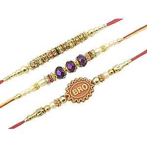Palak Global Rakhi Bracelet for brother, Unique Design Bhabhi, Sister, Father and celebration with Family, Raksha Bandhan holy Rakhi. (Rakhi Bro Stone - Set of 3, Small) (PLK12)