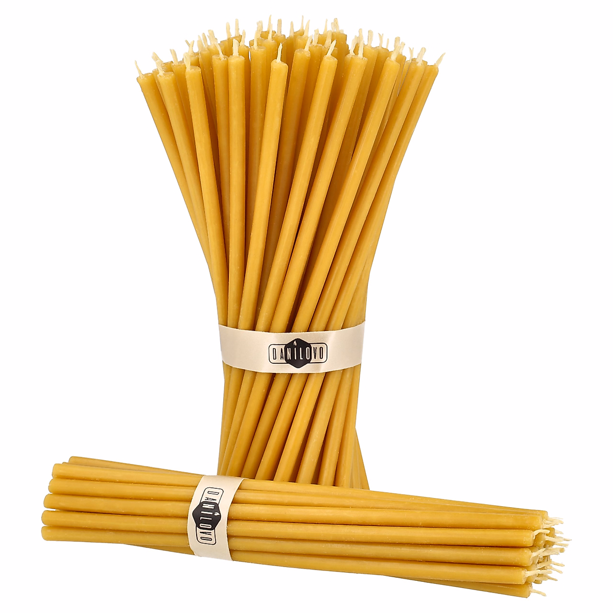 Danilovo Pure Beeswax Candles - No-Drip, Smoke-Less, Tall, Thin Taper Candles – Decorative Candles for Church Prayer, Decor or Birthday Candles – Honey Scented Candles – 7.3”x0.24” (Yellow, 50pcs)