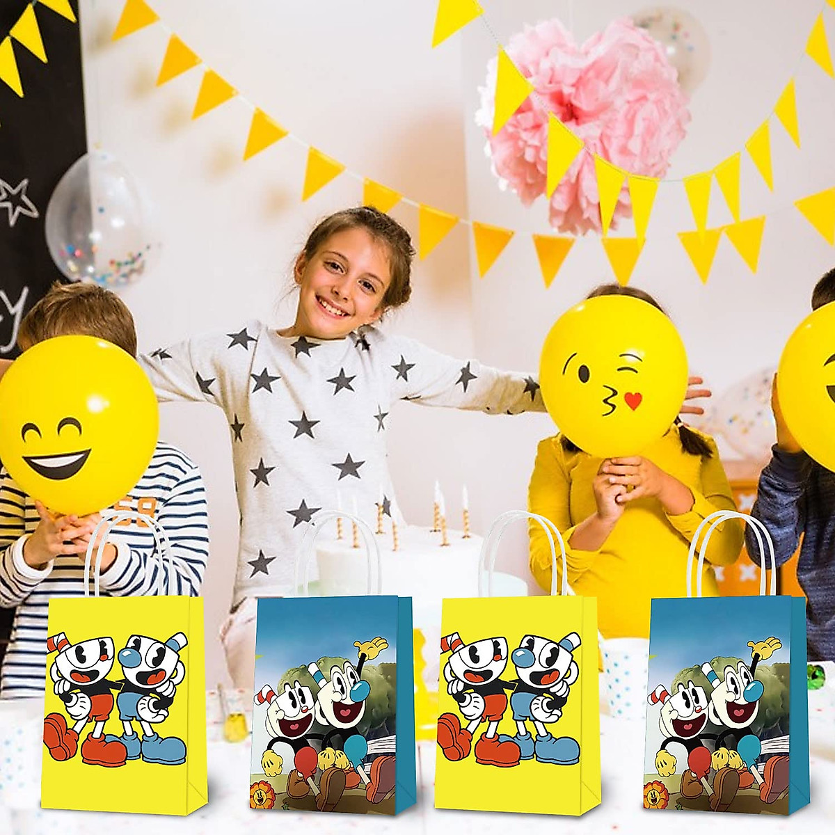 leiquyeah 16pcs Cup Head TV Show Party Favor Bags, Cartoon Theme Birthday Paper Gift Bags with Handles for Decorations Goody Treat Candy (023)