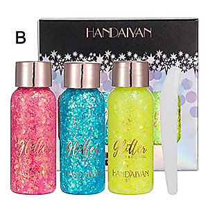 3 Color Body Glitter Gel Set, Mermaid Sequins Skin Long Lasting Sparkling Liquid Eyeshadow Lip Nail Hair Painting Glitter Laser Powder Decorate Art Festival Party Makeup 32ml*3 (Set B)