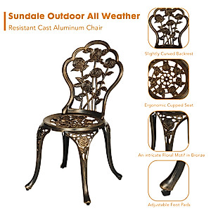 Sundale Outdoor 4 Piece Bistro Set, Cast Aluminum Umbrella Table Chair Loveseat Furniture All Weather Resistant Antique Finish Patio Conversation Set for Balcony Porch Yard Bronze Rose