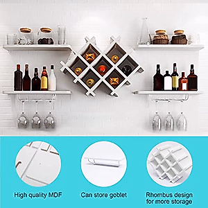 Gdrasuya10 Set of 5 Wine Rack Wall Mounted Wooden Wine Holder Shelf Set w/Storage Shelves and Glass Holder Wine Rack Insert Display Rack Multifunctional Storage Shelf Modern Diamond-Shaped (White)