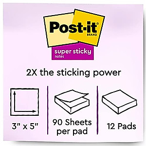 Post-it Super Sticky Notes, 3 in x 5 in, 12 Pads, 2x the Sticking Power, Canary Yellow, Recyclable (655-12SSCY)
