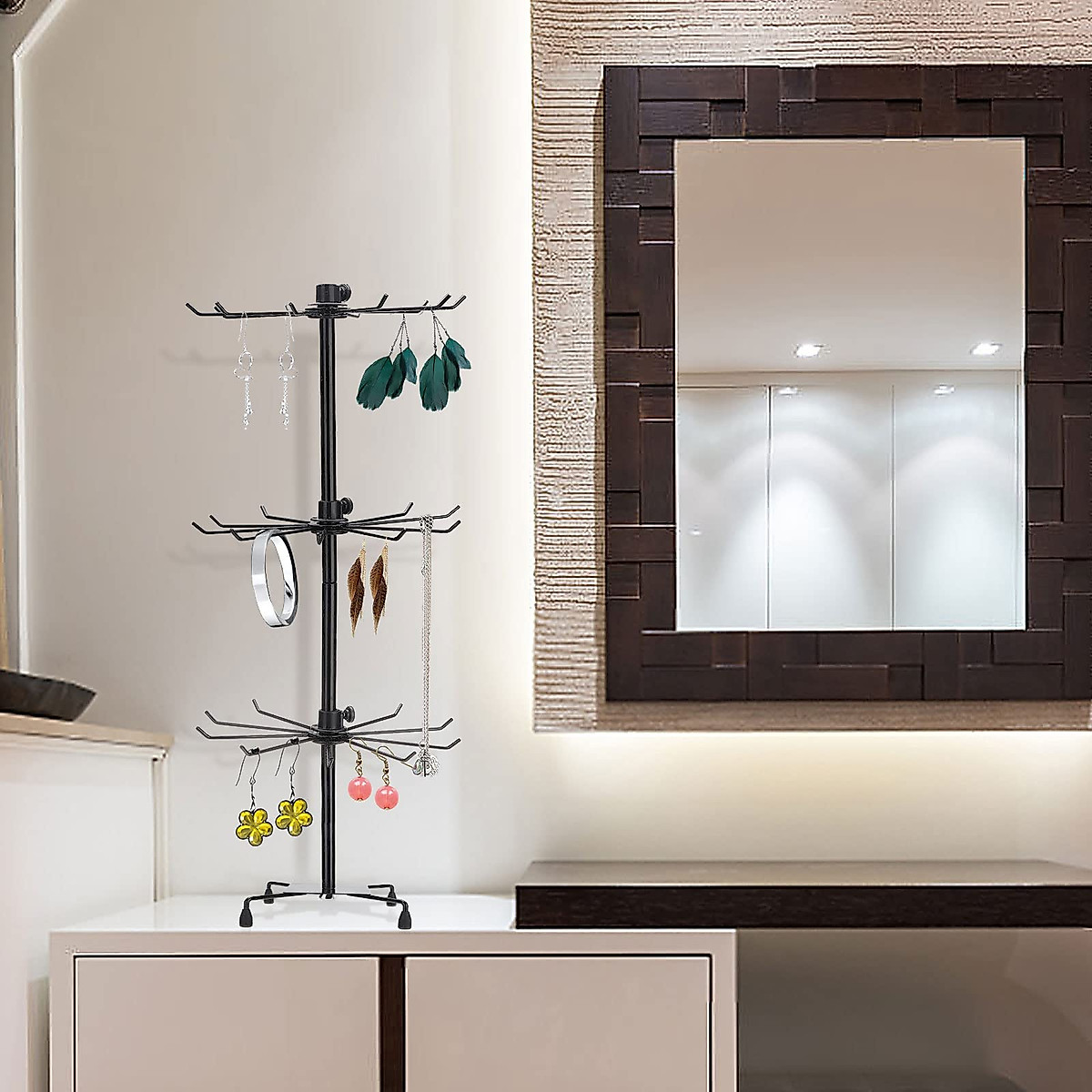 NMFIN 3Tier Rotating Jewelry Display Rack,Metal Earring Display Stands Jewelry Organizer Rack Tower Bracelet Holder for Necklace Ring Keychain,Black