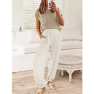 ANRABESS Women's Two Piece Outfits Knit Sweater Pullover Crop Top & Pants Lounge Matching Tracksuit Sweatsuit Sets 2024 Trendy Loungewear Clothes Khaki White X-Large