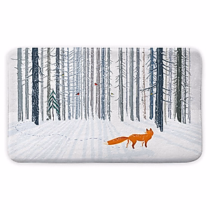 JAWO Winter Christmas Bath Mat Snow Covered Pine Trees Winter Season Animal Red Fox and Cardinals Idyllic Seasonal Scenery Bathroom Decor Bath Rug Non Slip Soft Rugs 29 x 17 Inches
