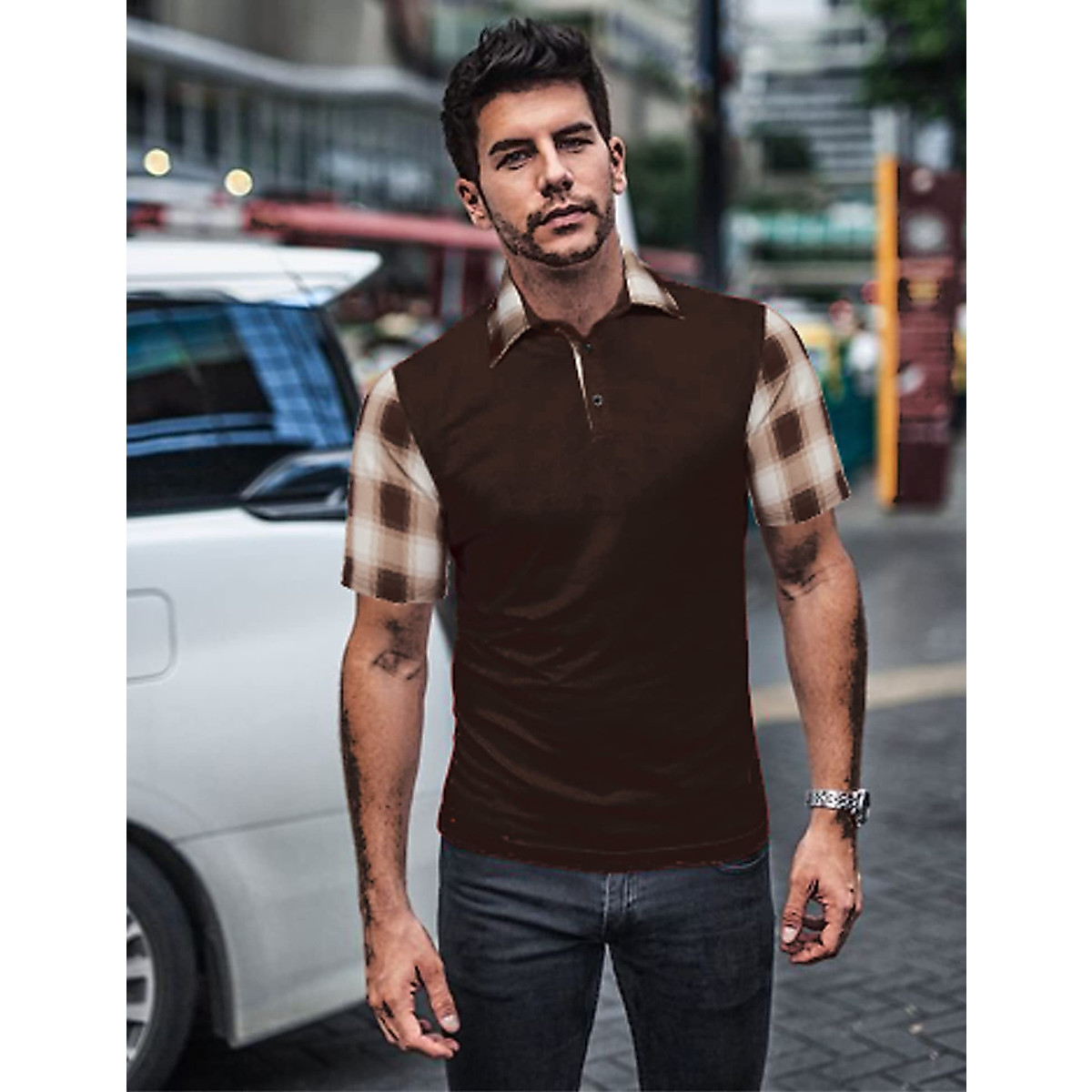 CHOMOLEZA Men's Casual Short Sleeve Polo Shirt Classic Plaid Collar Slim Fit T-Shirt Coffee M