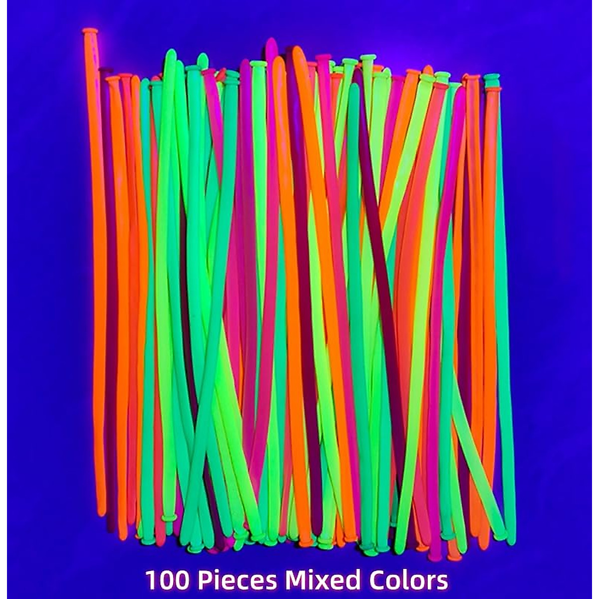 100Pcs UV Neon Long Skinny Balloons, Twisting UV Black Light Glow in the Dark Luminous DIY Modeling Magic Latex Balloon for Birthday Wedding Anniversary Graduation Blacklight Neon Party Decoration