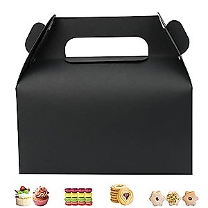 GUIFIER 25 Pack Black Treat Boxes Gable Boxes Party Favor Boxes Goodie Gift Boxes Paper Boxes with Handles for Birthday Shower Celebrating and Party Dessert Boxes for Candy, Cookies 6.5x3.6x3.4 Inches