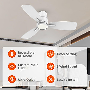 TALOYA 42inch Ceiling Fans with Lights and Remote Control, Quiet DC Motor, Double-faced Blades, Modern Low Profile Ceiling Fan for Bedroom, Living Room, Dining Room, Office