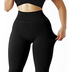 MOSHENGQI Womens High Waisted Seamless Ribbed Leggings Soft Slimming Yoga Pants(M,00-Black)