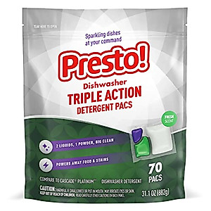 Amazon Brand - Presto! Triple Action Dishwasher Pacs, Fresh Scent, 70 Count