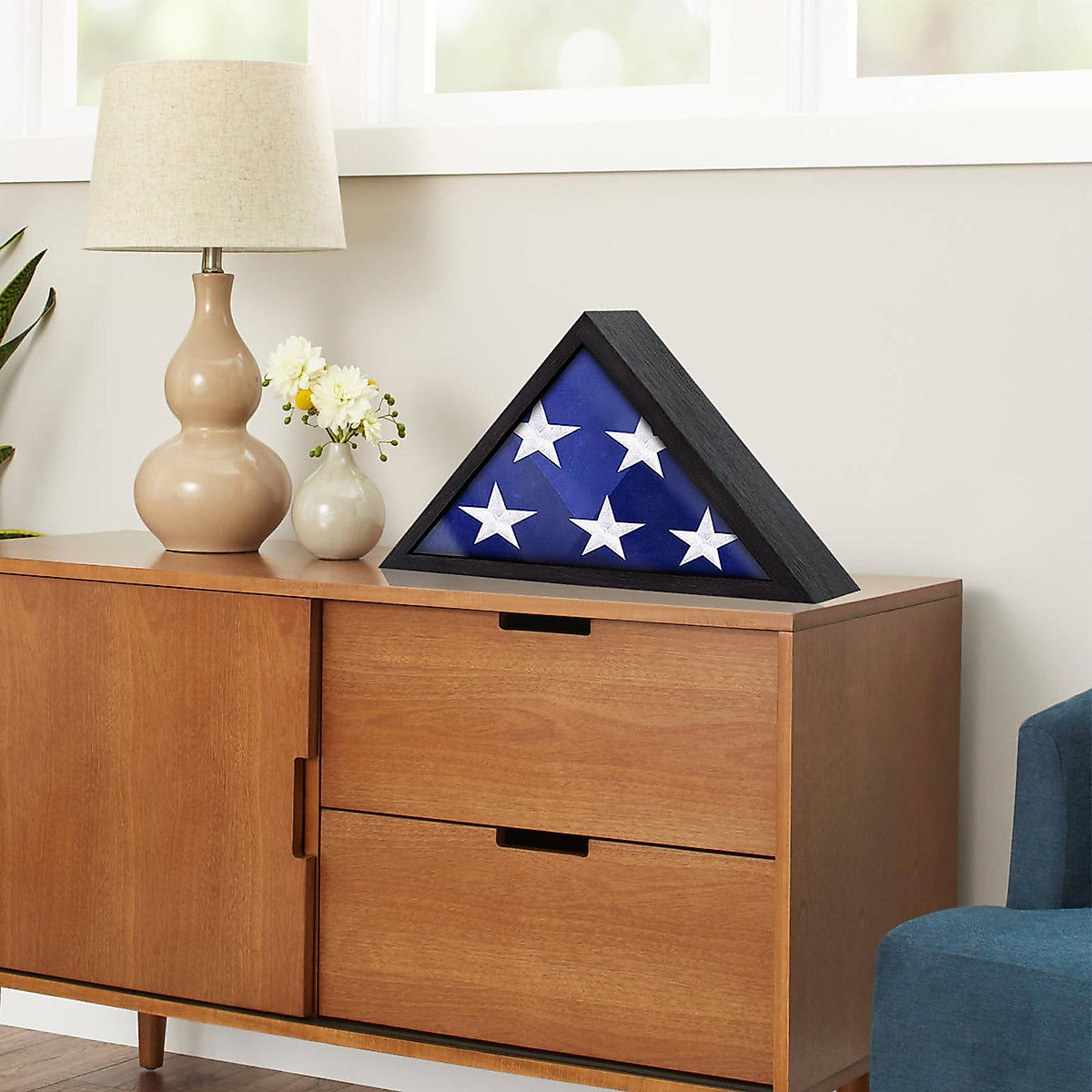 ASmileIndeep Flag Display Case for 3' x 5' Flag, American Flag Shadow Box with HD Tempered Glass and Wall Mount, Folded Triangle Flag Holder Frame for Small Flag (Not for Burial Flag) - Black Walnut