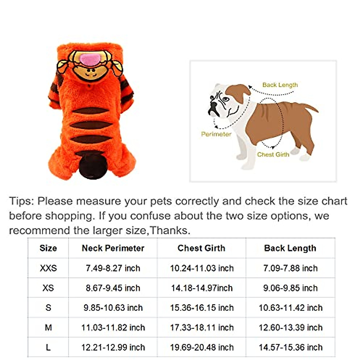 AIHANCH Tiger Dog Costume Soft Velvet Dog Clothes Winter Dog Hoodie Funny Pet Halloween Costume Dog Outfits for Small Dogs Puppy (X-Small)
