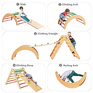 Beright 4 in 1 Pikler Triangle Gym, Montessori Foldable Climber with Ramp, Indoor Climbing Toys for Kids, Climbing Triangle for Toddlers Arch Climber, Rocker, Learning Waldorf Children Toy, Rainbow