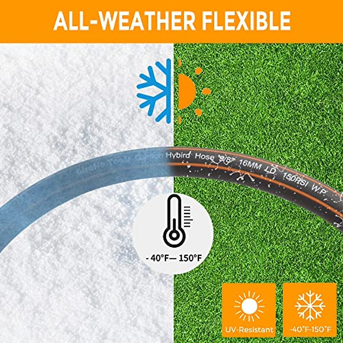 Giraffe Tools Short Leader Garden Hose 10 ft, Heavy Duty Black Garden Hose 5/8 in, Rubber Water Hose, No-Kink, Leakroof Gardening Hose with Male to Female Fittings, Black and Orange