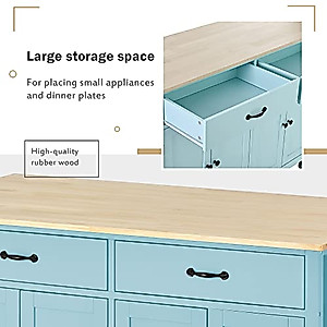 Kitchen Island Cart with Solid Wood Top/Locking Wheels/Adjustable Shelves,Multi-Functional Rolling Kitchen Cart with 4 Door Cabinet/2 Drawers/Spice Rack/Towel Rack for Dining Room(Mint Green)